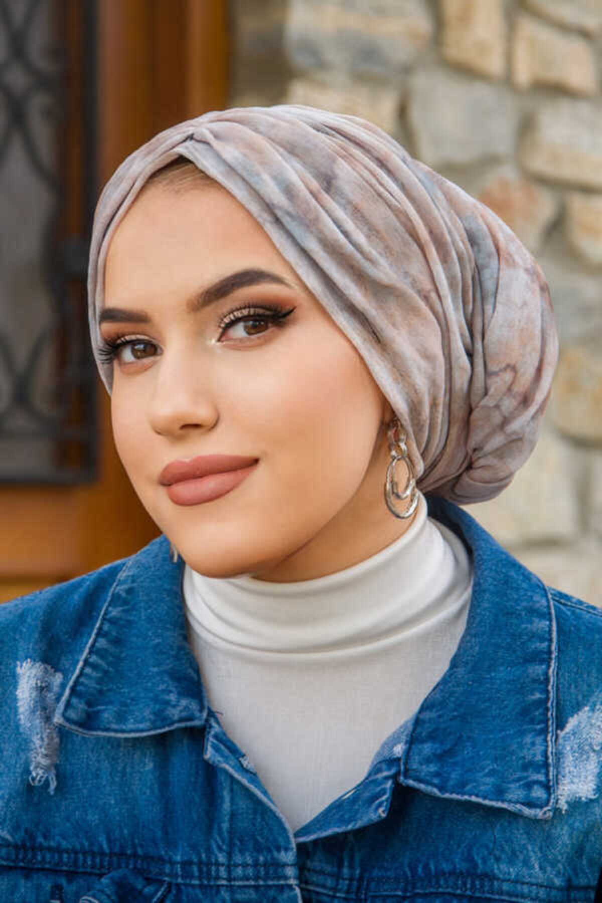 Bej Batik Büzgülü Hazır Dolama Bone | Vartabi